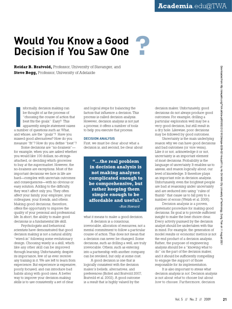 Bratvold Begg 2009 Decision Analysis Spe-0209-021-Twa | PDF ...
