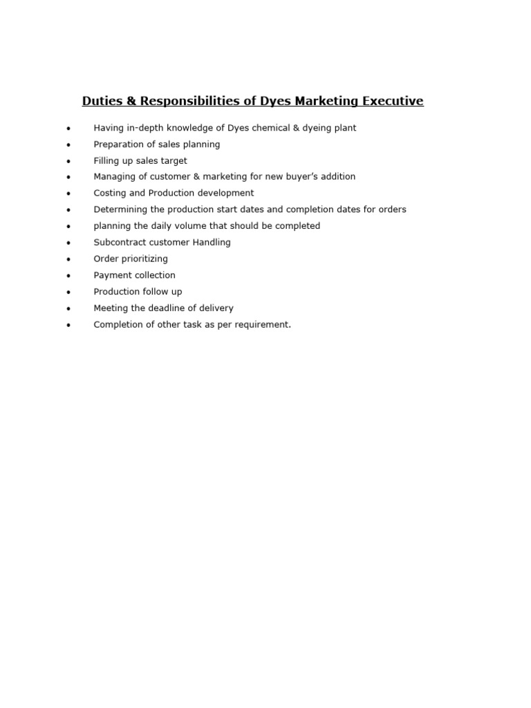 Dyes Marketing Executive Responsibilities | PDF
