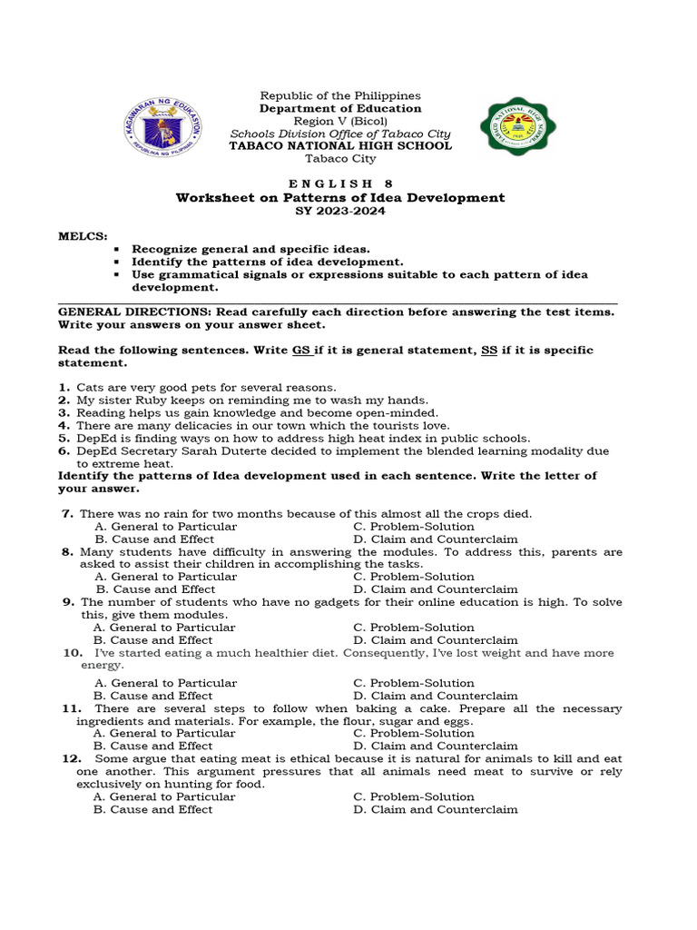 English 8 Worksheet: Idea Development Patterns | PDF | Causality ...