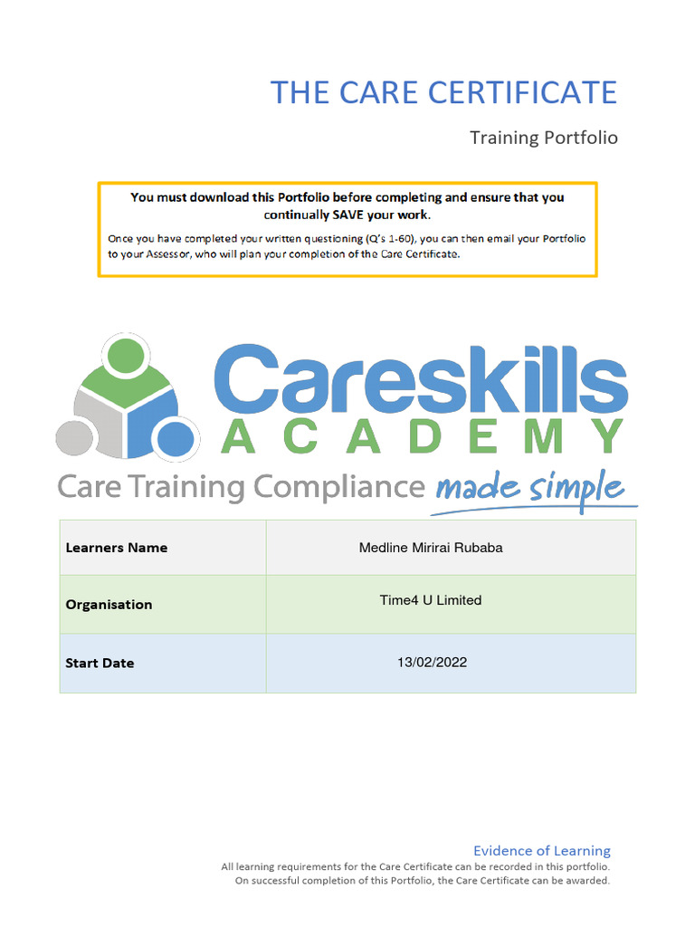 Care Certificate Learning Portfolio Editable | PDF | Communication ...