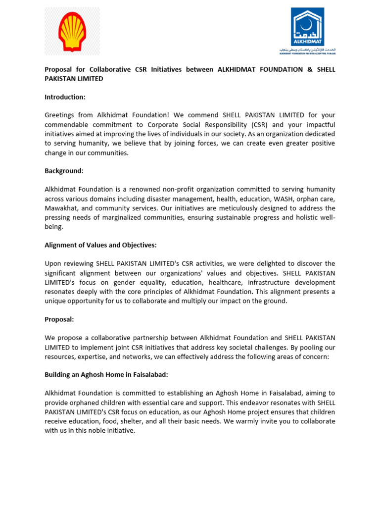 Proposal for Collaborative CSR Initiatives between ALKHIDMAT FOUNDATION ...