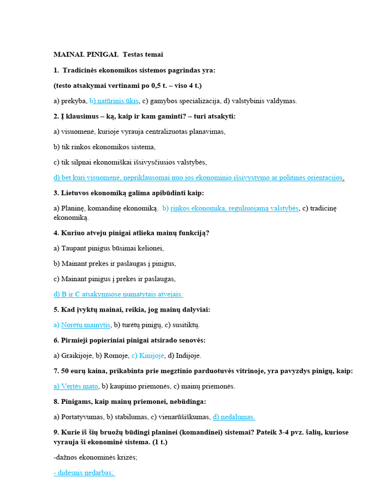 Pinigai Ir Mainai. Testas Meidos | PDF