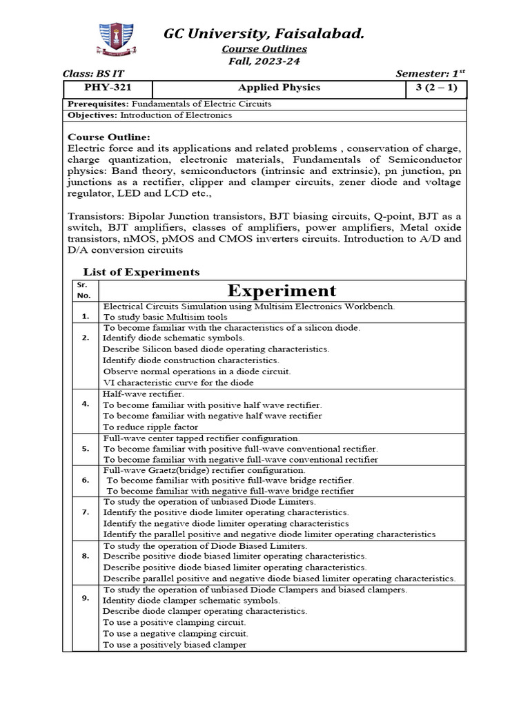 Course Outlines Applied Physics 2023-24 | PDF | Rectifier | Bipolar ...