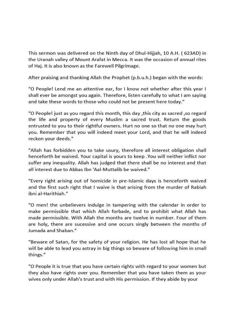 Last Sermon of Prophet This sermon was delivered on the Ninth day of ...