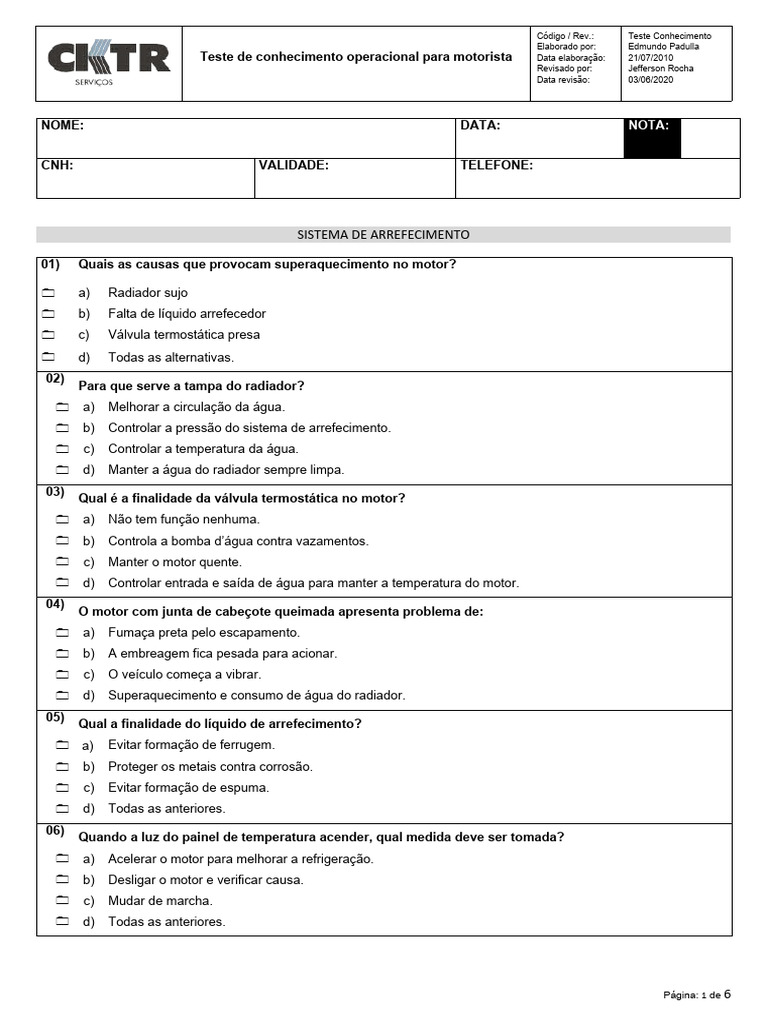 Teste de Conhecimento Operacional para Motorista | PDF | Motores | Radiador