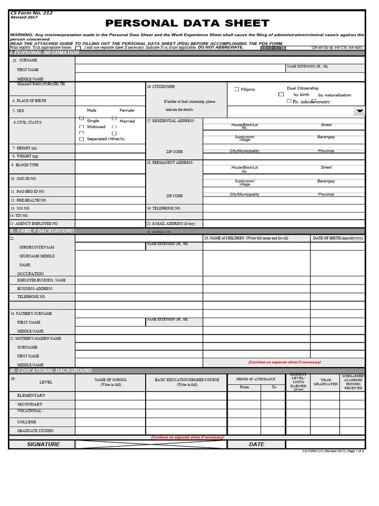 Personal Data Sheet CS Form 212 | PDF | Passport | Government