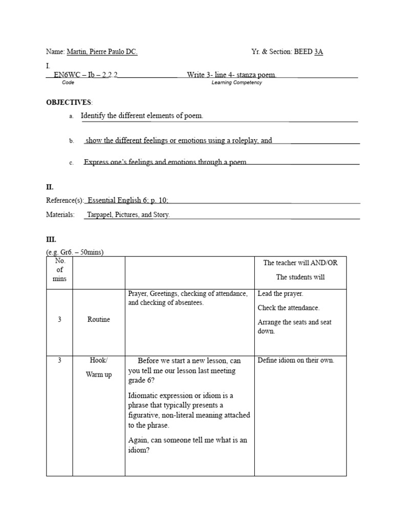 Grade 6 Poetry Lesson Plan | PDF | Poetry | Idiom