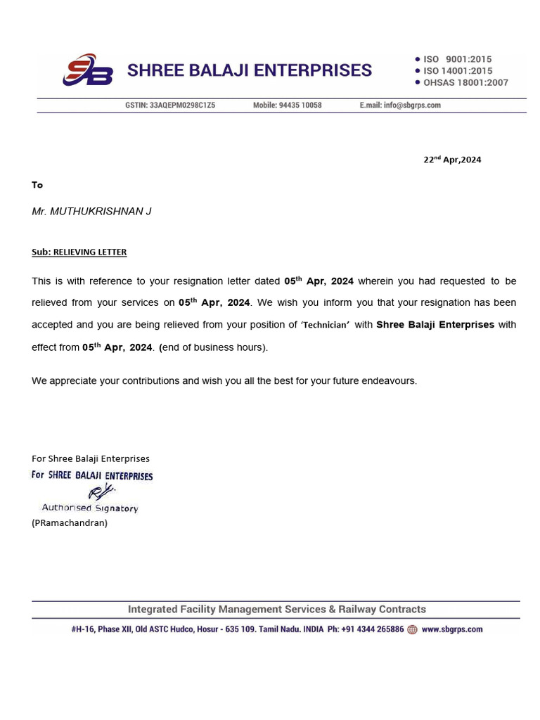 Technician Relieving Letter 2024 | PDF | Career & Growth | Business