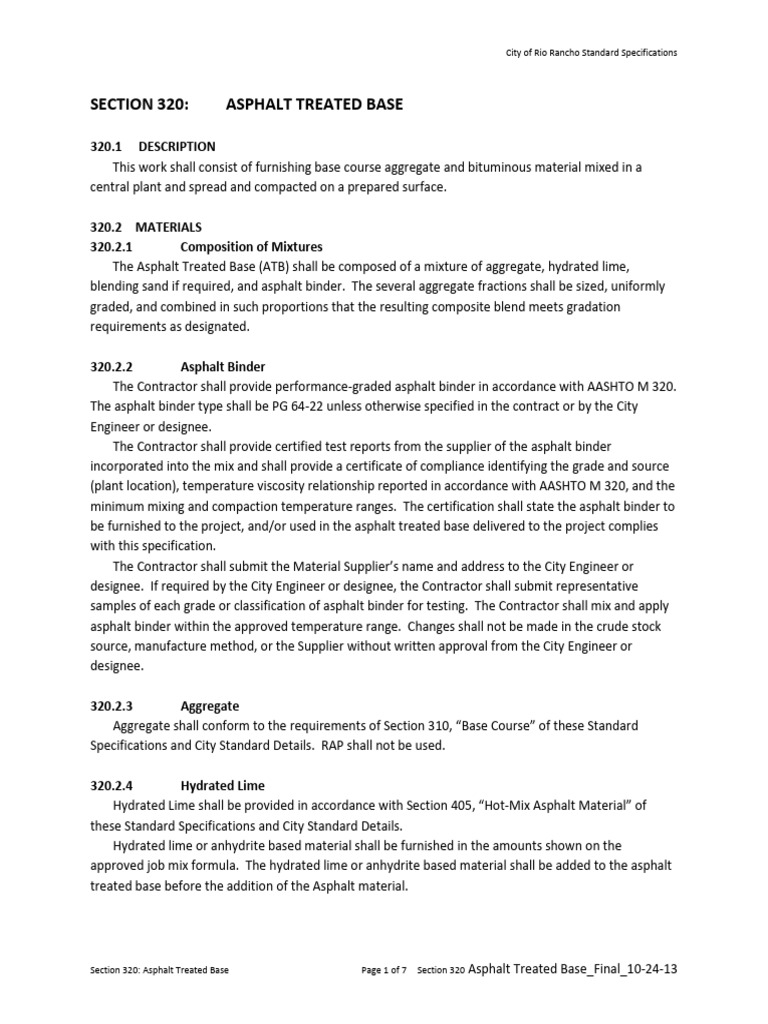 Section 320 Asphalt Treated Base | PDF | Road Surface | Specification ...