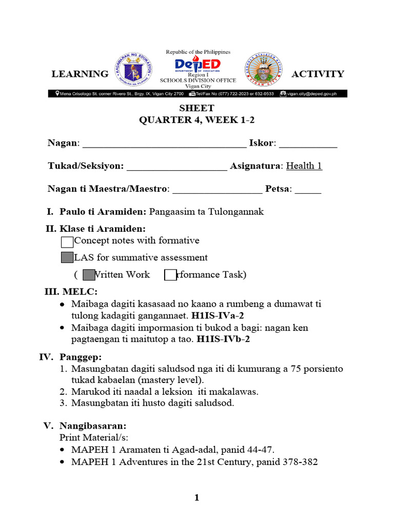 Health1 Q4 Week1 2 Sum | PDF Health1 Q4 Week1 2 Sum | PDF