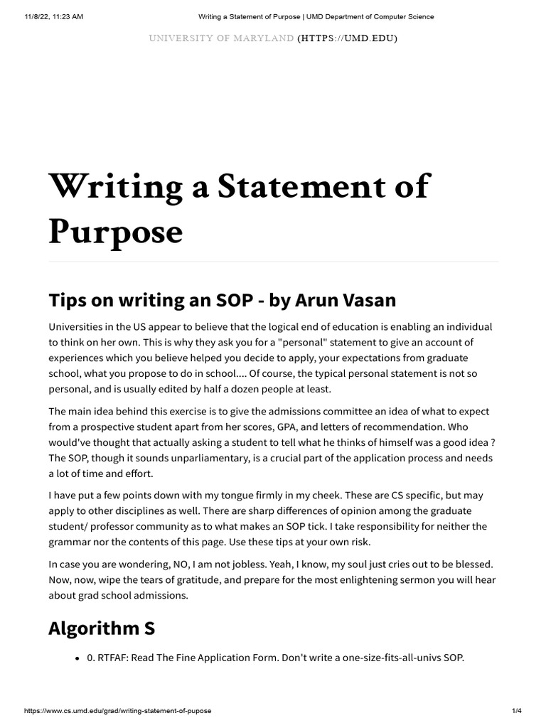 Writing a Statement of Purpose _ UMD Department of Computer Science ... Writing a Statement of Purpose _ UMD Department of Computer Science ...