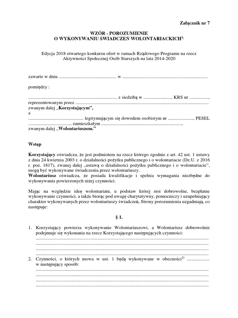 Zal 7 - Wzor Porozumienia o Wykonywaniu Swiadczen Wolontariackich | PDF