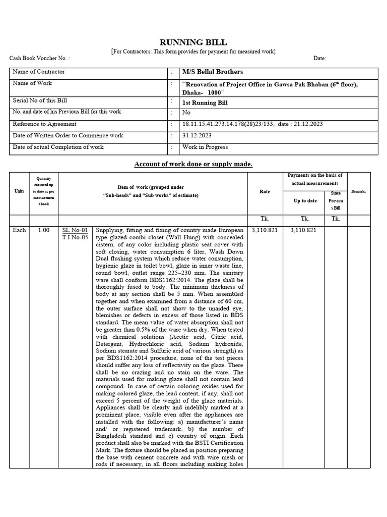 Running Bill | PDF | Electrical Wiring | Chair