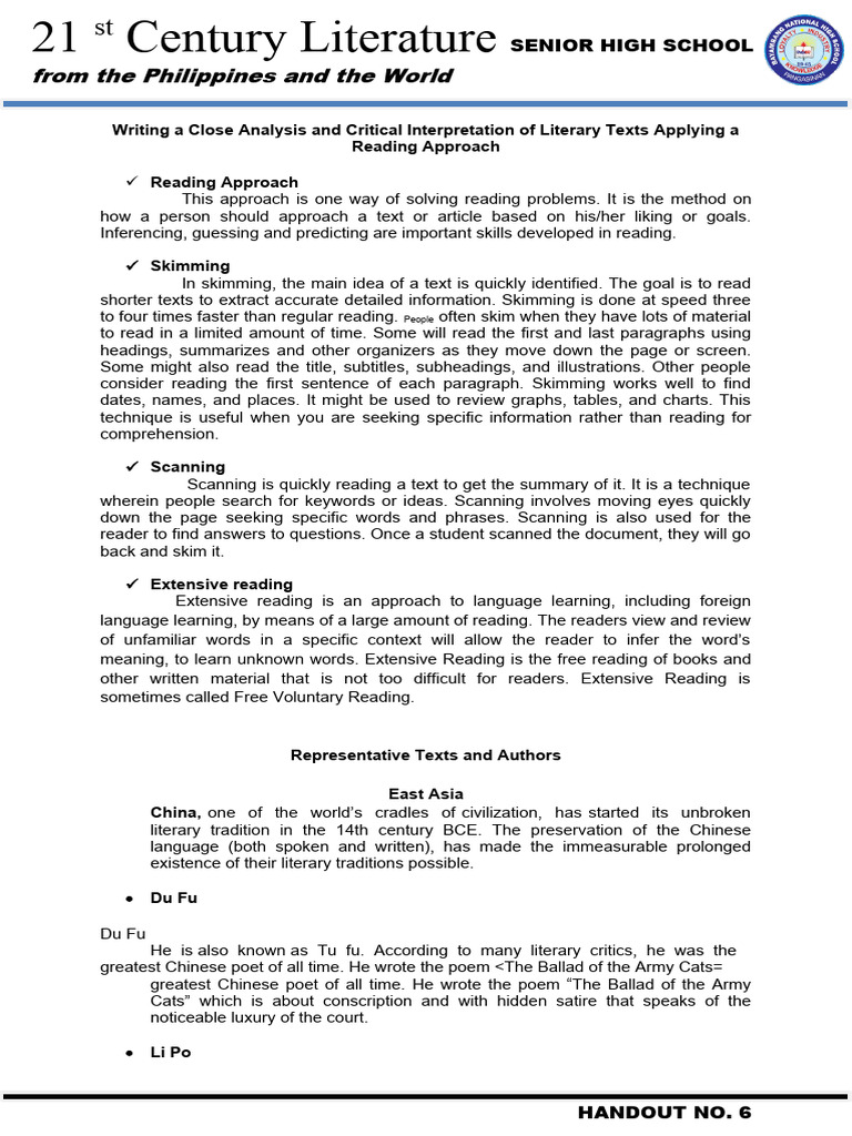 Handout 6 Final- 21st Lit_Close Analysis | PDF | Speed Reading ...