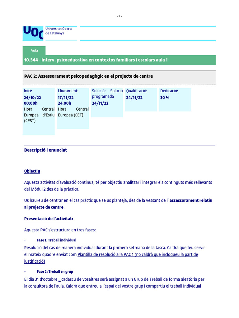 10.544 20221 1231790 Pac2 - AssessoramentPsicopedagògicEnElProjecteDeCentre | PDF