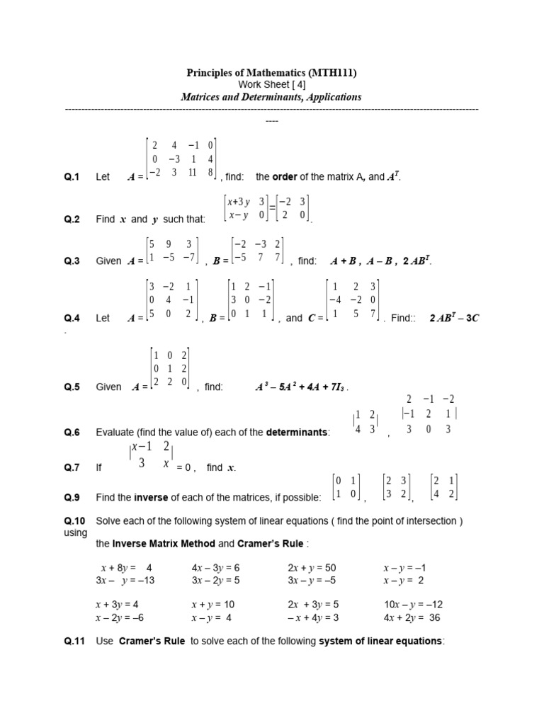 Work Sheet 4 | PDF | Matrix (Mathematics) | Determinant
