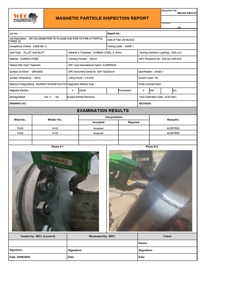 MPI Report for Portal Pipe Inspection | PDF | Pipe (Fluid Conveyance ...
