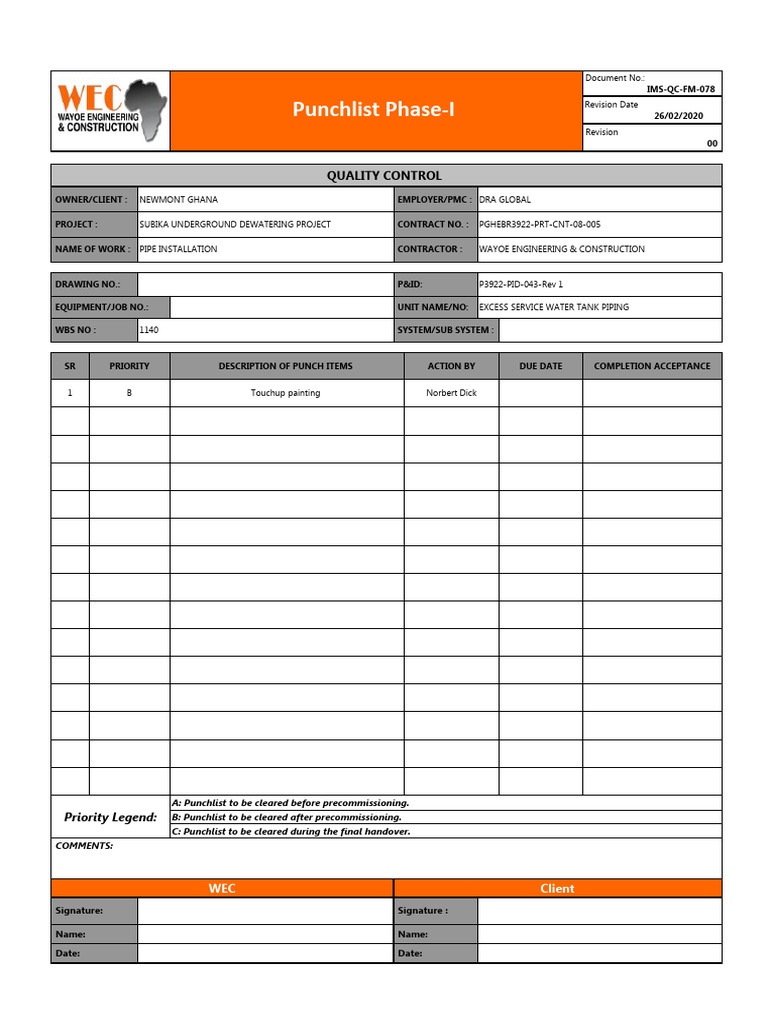 IMS-QC-FM-078 Punchlist | PDF | Engineering | Construction Management