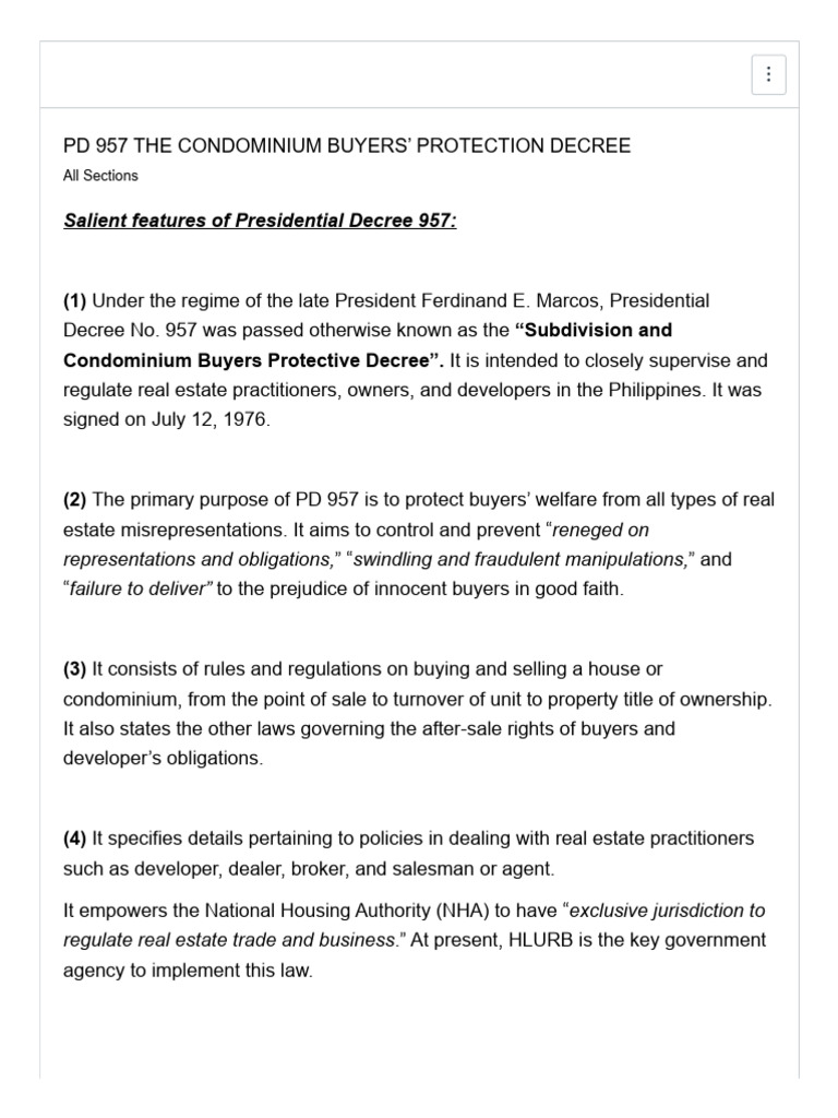 PD 957 The Condominium Buyers' Protection Decree | PDF | Sales ...