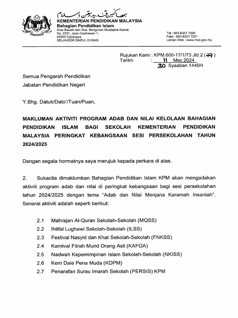 Makluman Aktiviti Program Adni Peringkat Kebangsaan Tahun 2024 | PDF