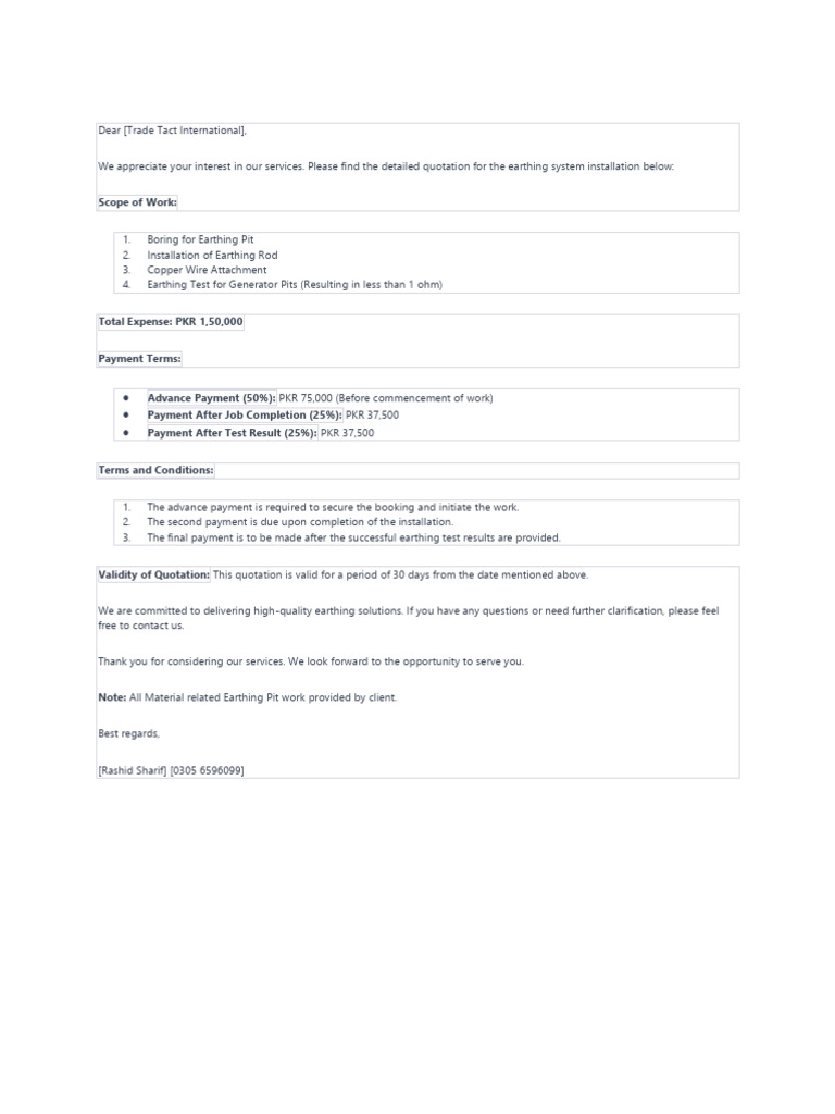 Earthing System Installation Quotation | PDF