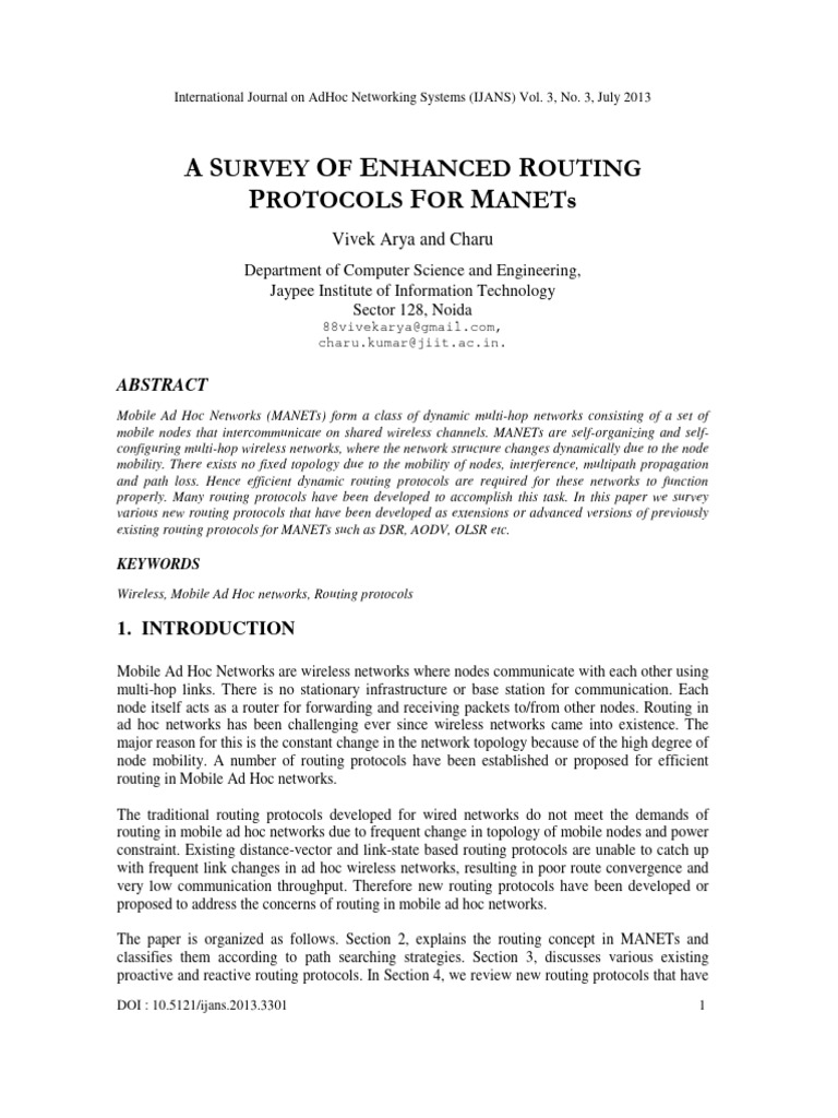 A Survey Of Enhanced Routing Protocols For Manets Download Free Pdf