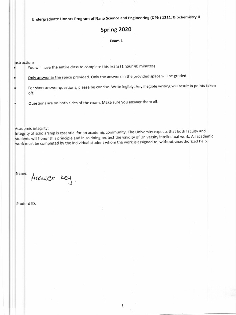 2020 DPN Biochem 2 Exam 1 Key | PDF