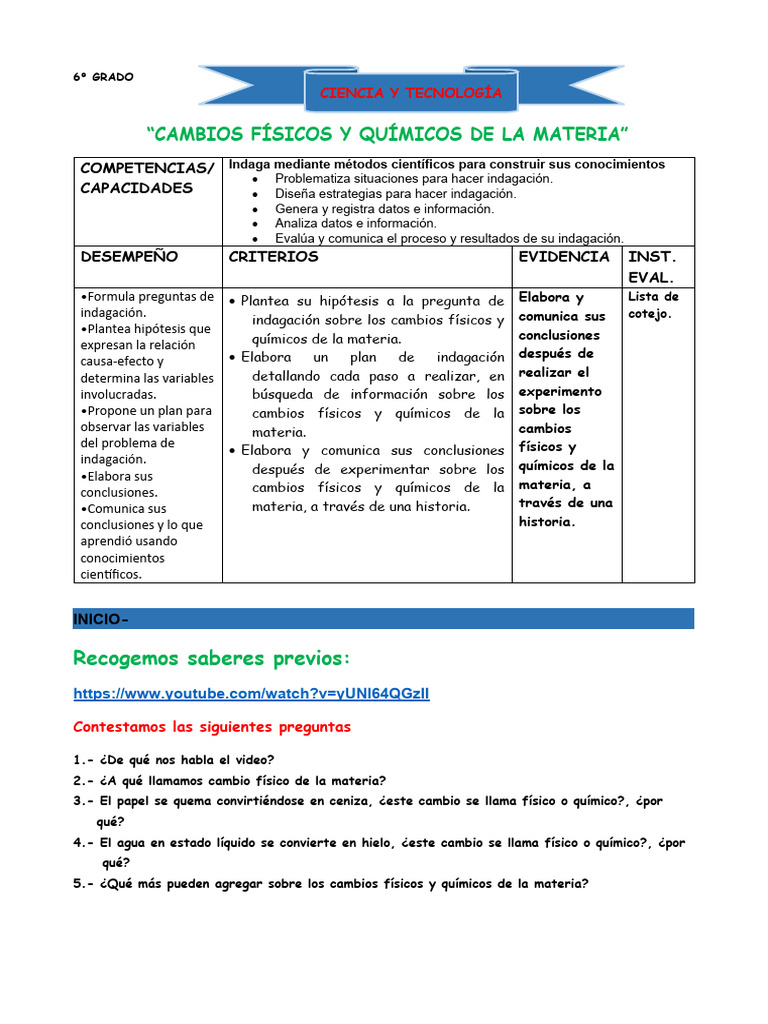 CAMBIOS FÍSICOS Y QUÍMICOS DE LA MATERIA | PDF | Mezcla | Sustancias ...
