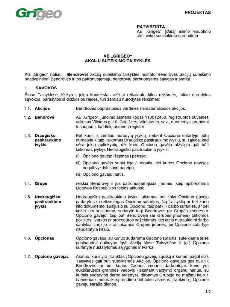 AB Grigeo Akciju Suteikimo Taisykliu Projektas | PDF