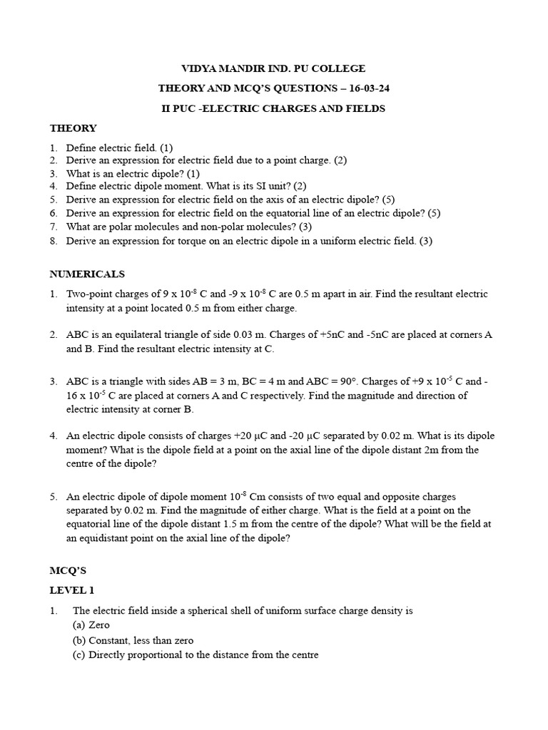 electric charges and fields assignment 2 ( modified) | Download Free ...