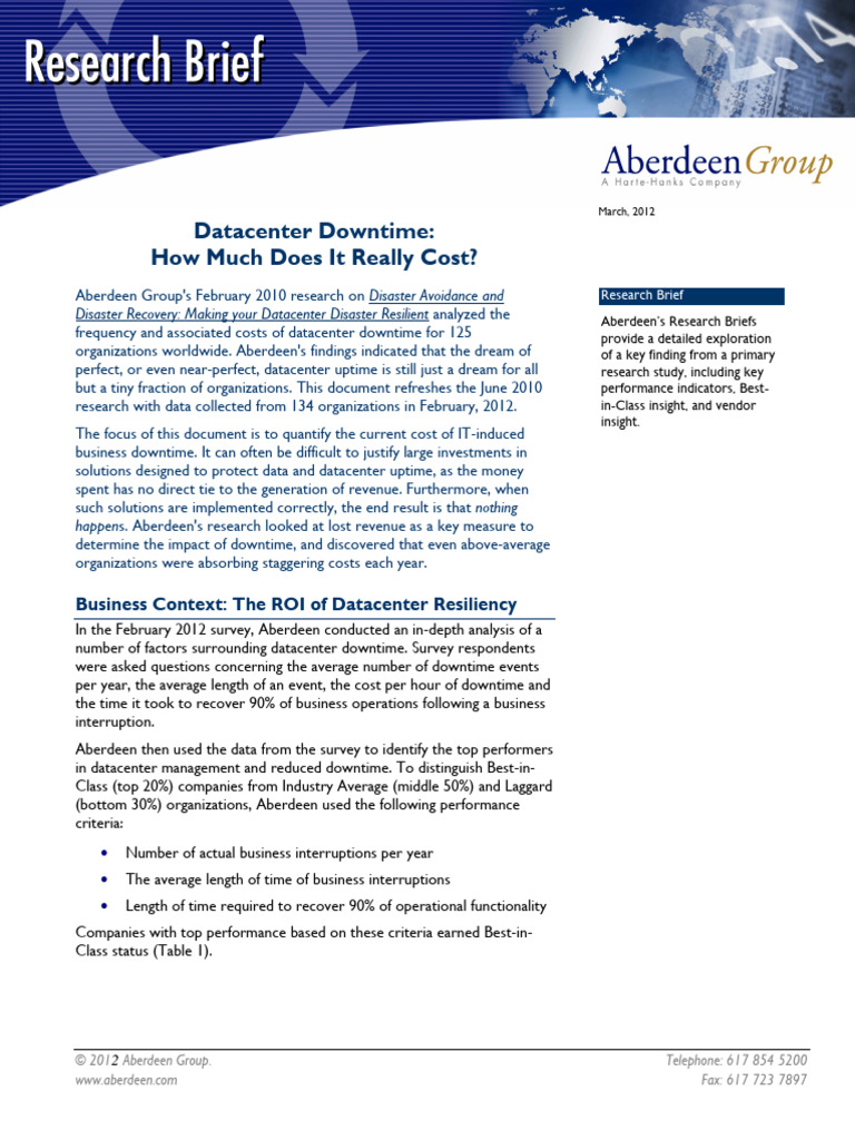 Aberdeen Data Center Down Time Cost Pdf Data Center Disaster Recovery