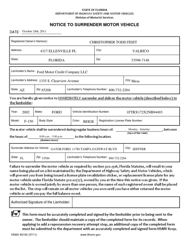 Notice To Surrender Motor Vehicle Form | PDF