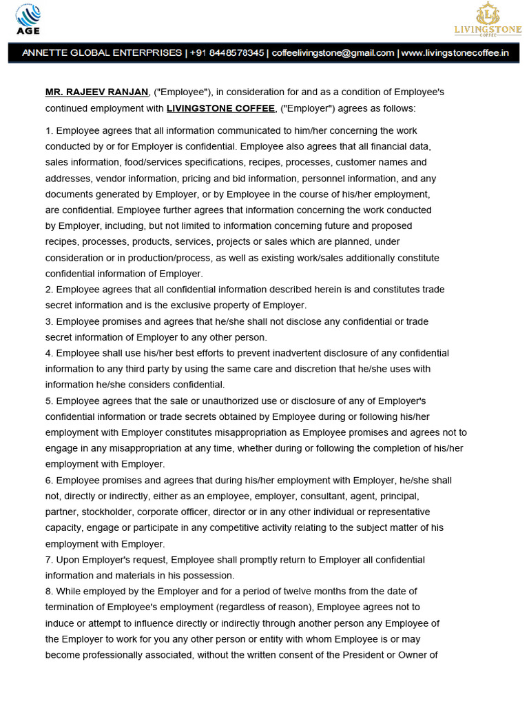 Rajeev Ranjan confidentiality Agreement | PDF | Employment | Confidentiality