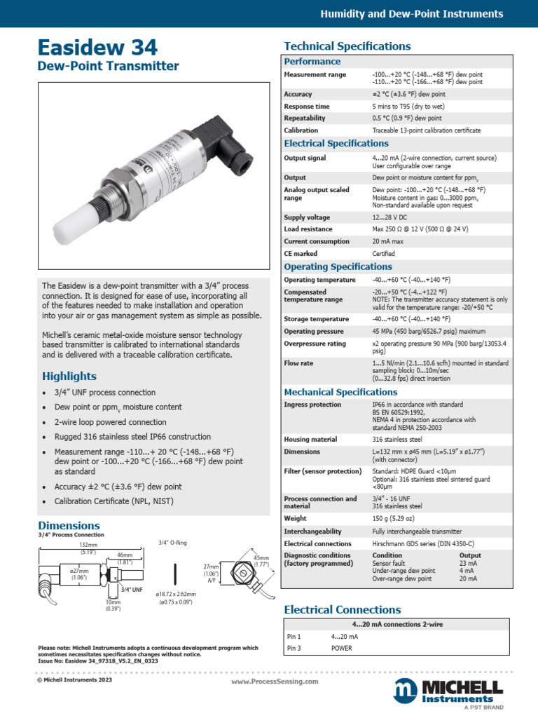 Michell Instruments Easidew 34 Transmitter en Datasheet v5-2 | PDF ...