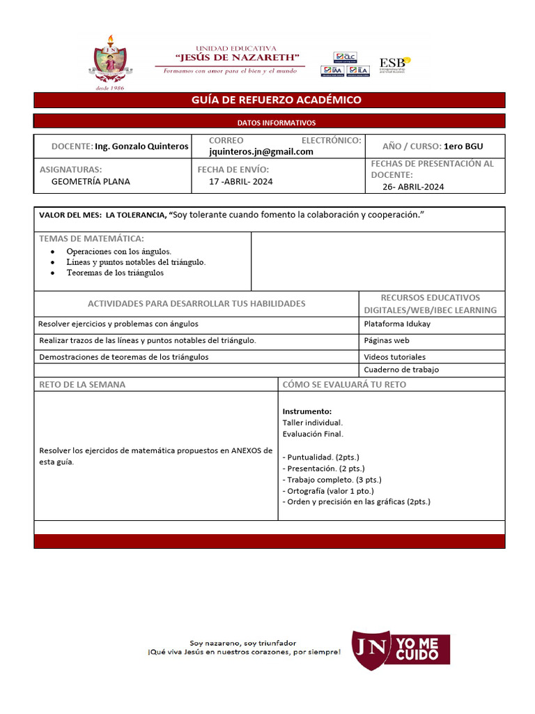 Guía Refuerzo 3er-Bimestre Geometría-Plana - 1ro Bgu GQ | PDF | Triángulo