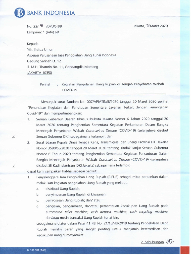 Surat BI Ke APJATIN - Penanganan Covid-19 | PDF