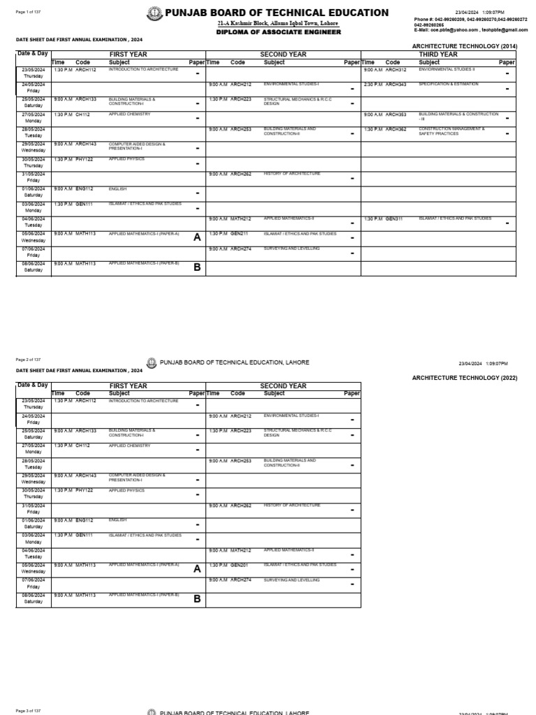 Date Sheet TH of DAE 1st 2nd 3rd A2024 | PDF | Electronics | Automation