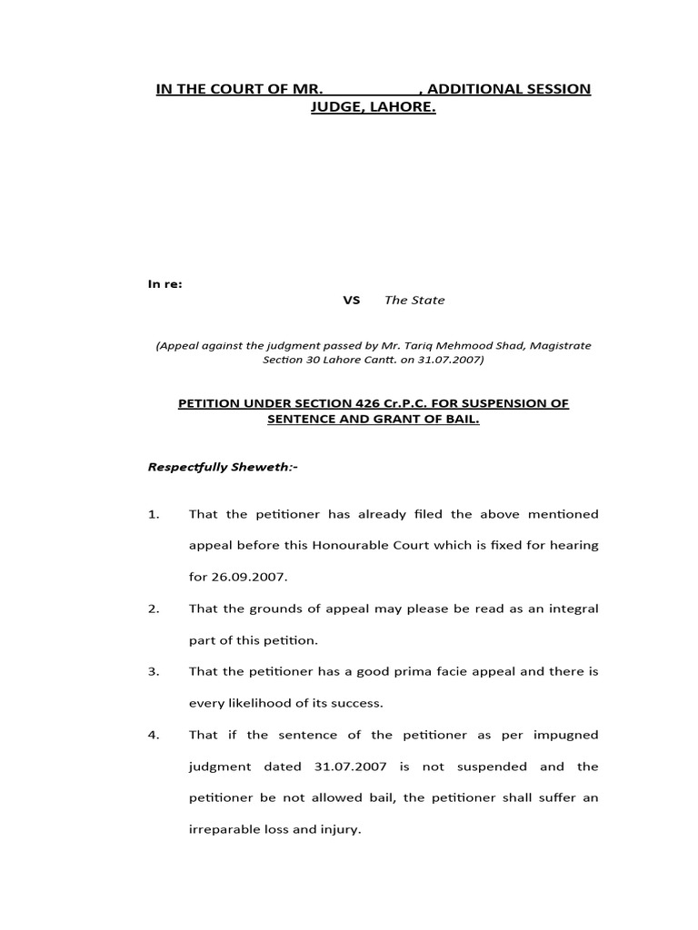 Petition for Sentence Suspension Under CrPC | PDF | Law