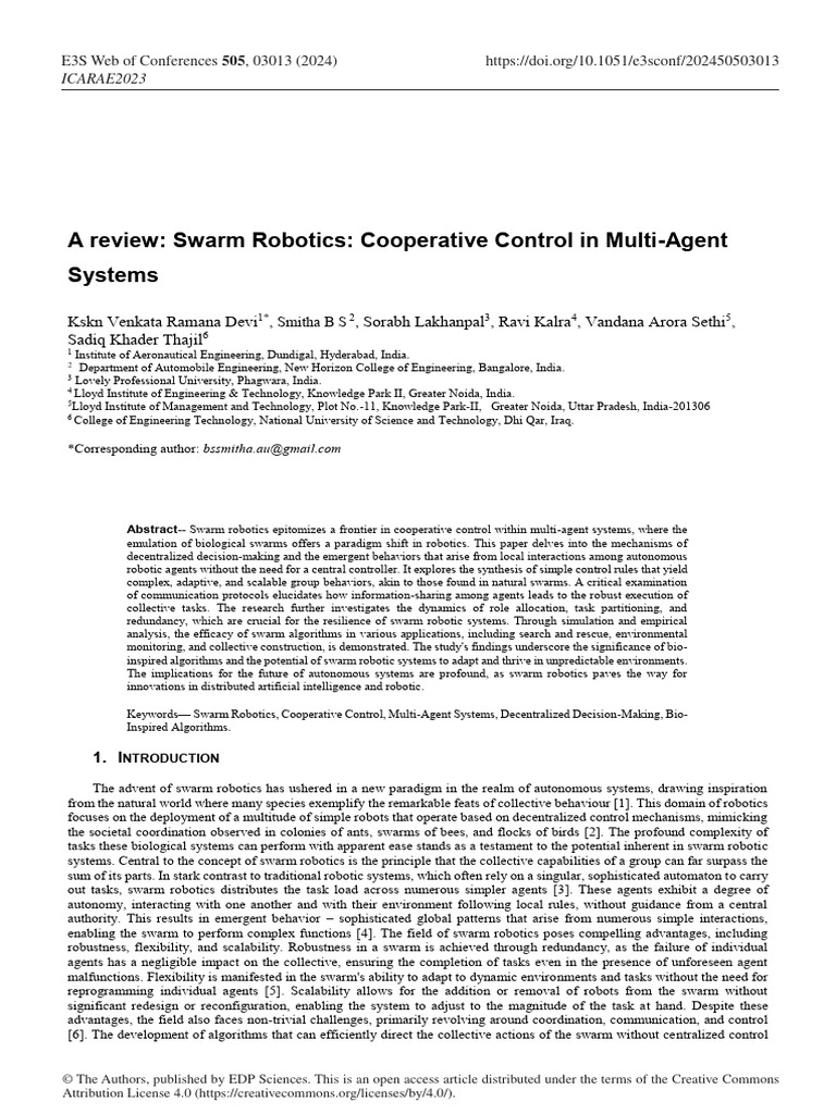 A Review - Swarm Robotics - Cooperative Control in Multi-Agent Systems | Download Free PDF ...