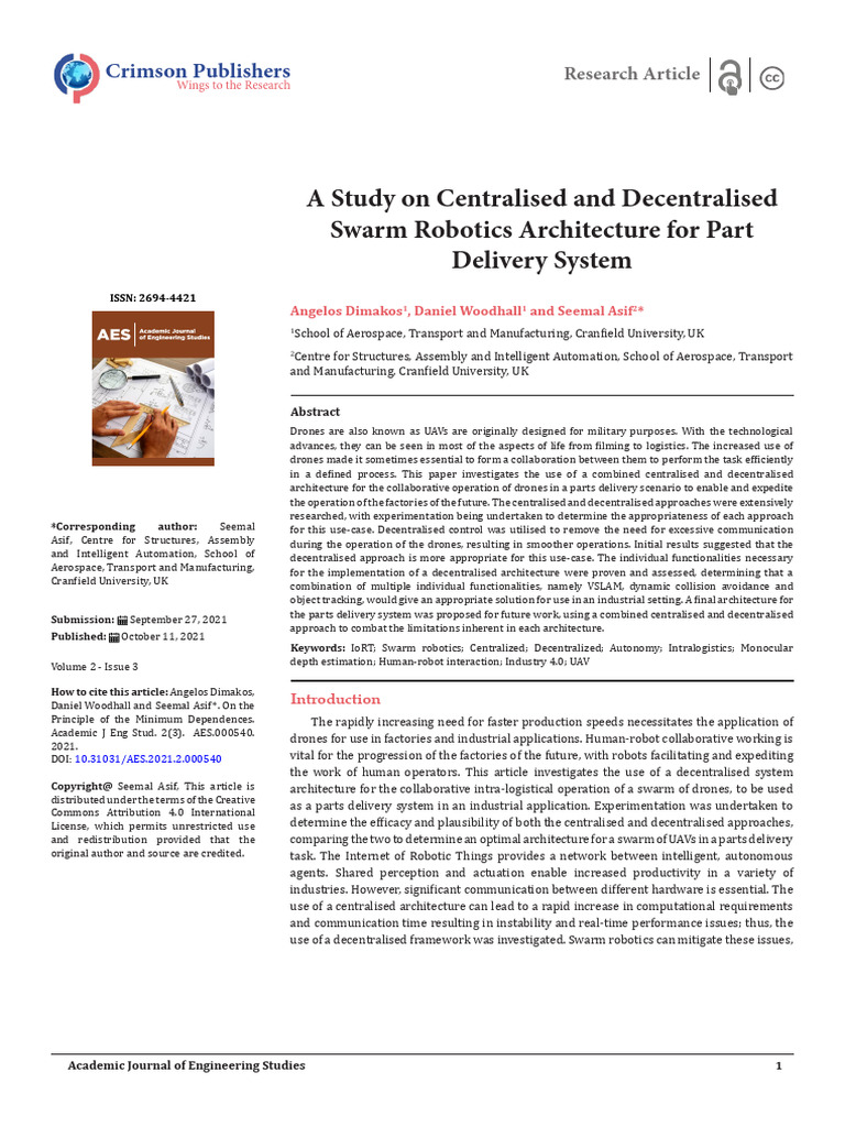 A Study On Centralised and Decentralised Swarm Robotics Architecture For Part Delivery System ...