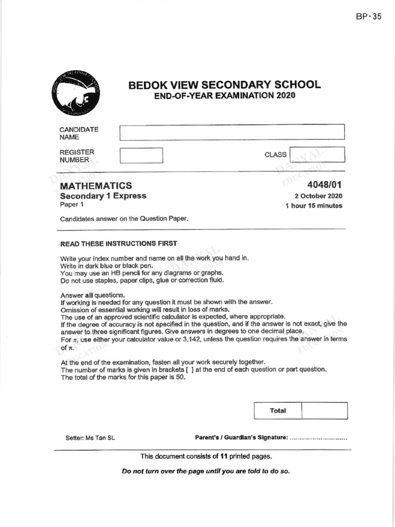 Bedok View Secondary End of Year 2020 Sec 1 Math 1 15 | PDF ...