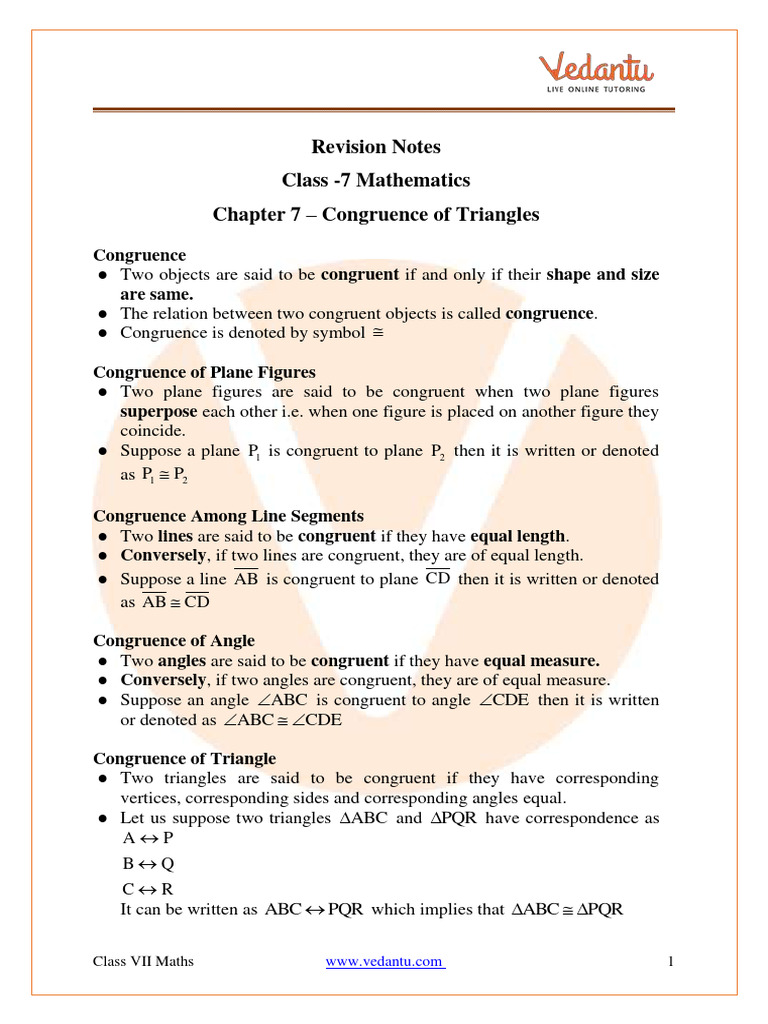 Congruence of Triangles Class 7 Notes CBSE Maths Chapter 7 (PDF) | PDF ...