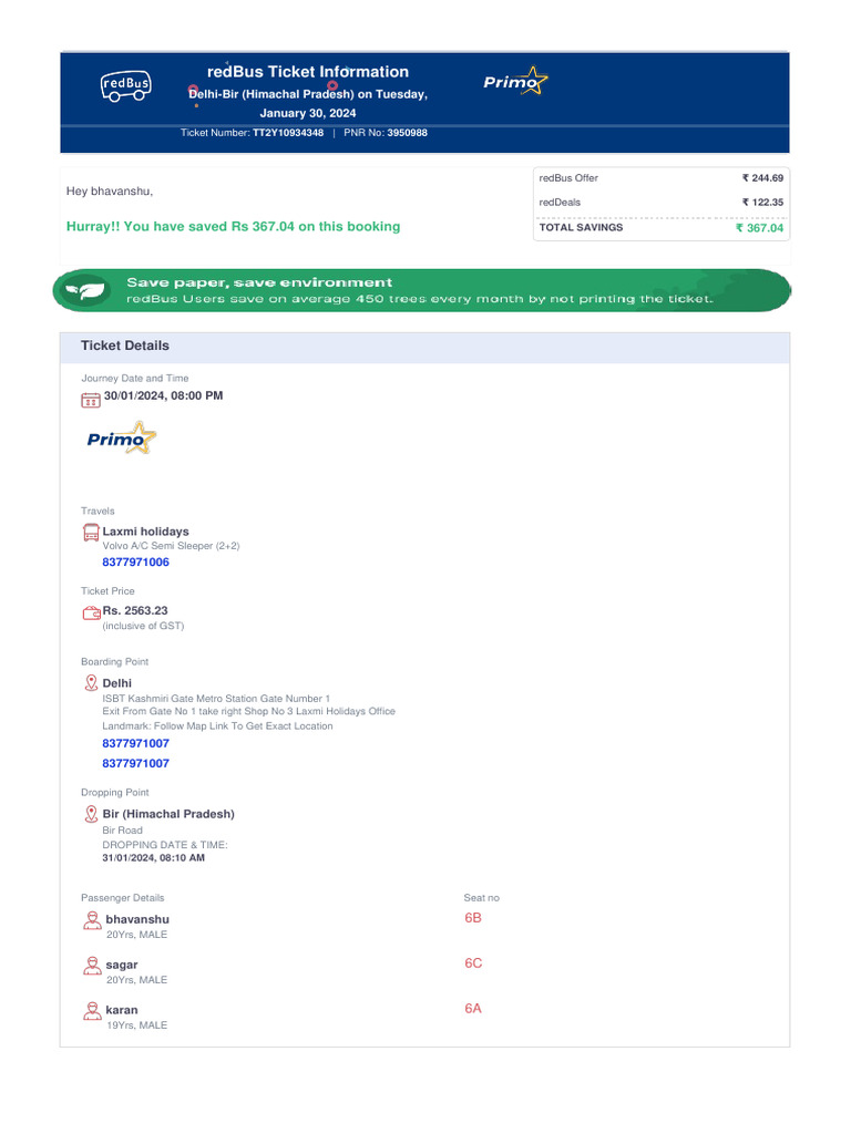 Delhi to Bir Volvo Bus Ticket Details | PDF | Bus | Baggage