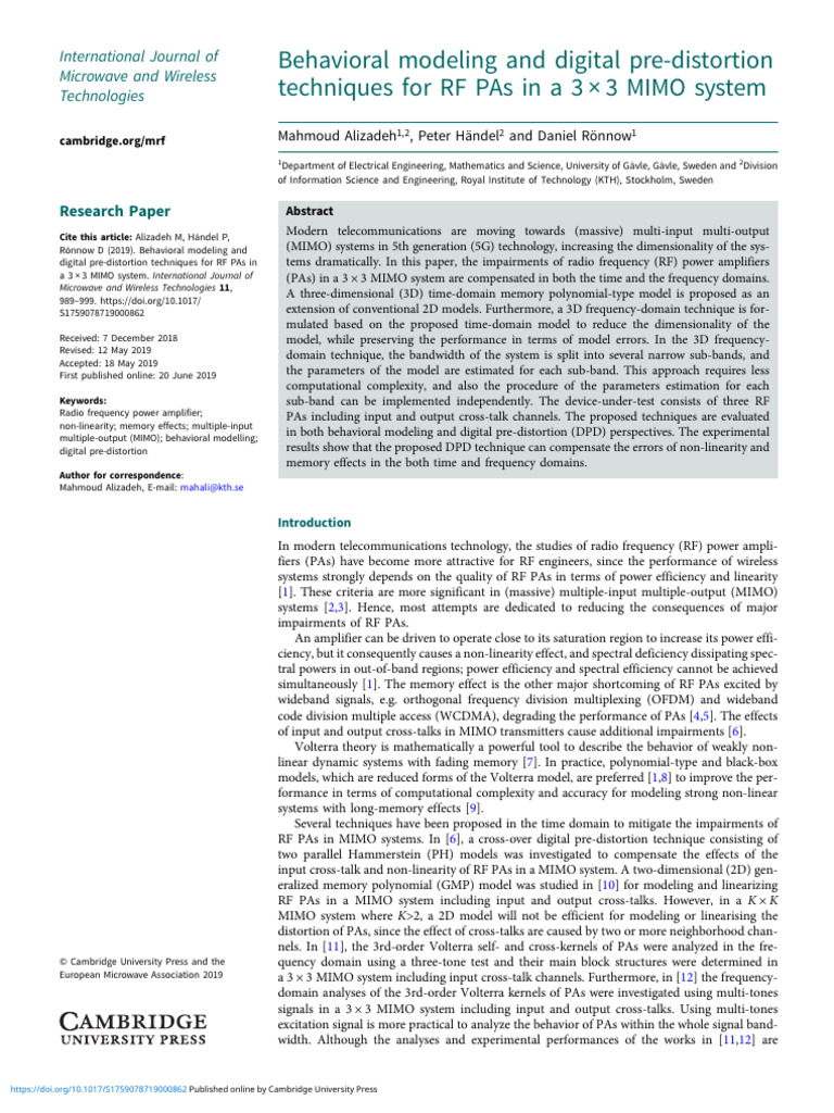 Behavioral Modeling and Digital Pre Distortion Techniques For RF Pas in A 3 3 Mimo System | PDF ...
