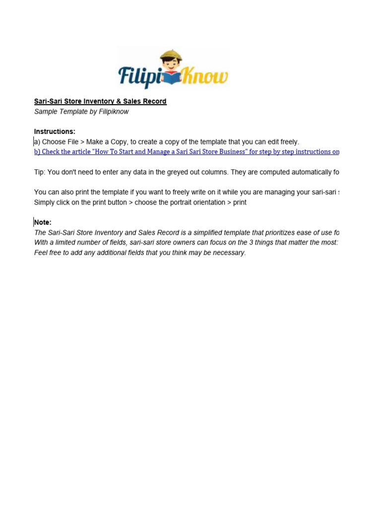 Filipiknow Sari Sari Store Inventory Sales Record TEMPLATE | PDF ...