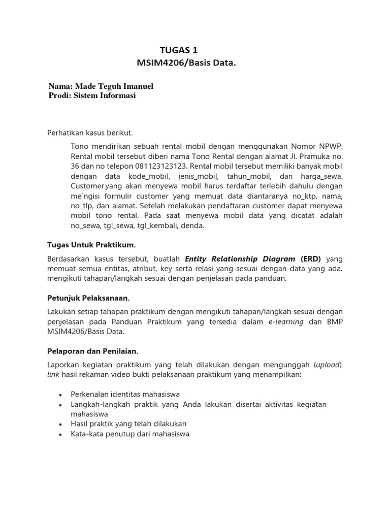 TUGAS 1 - Praktikum Matkul Basis Data (MSIM4206) Membuat ERD | PDF | Pengelolaan Keuangan & Uang ...