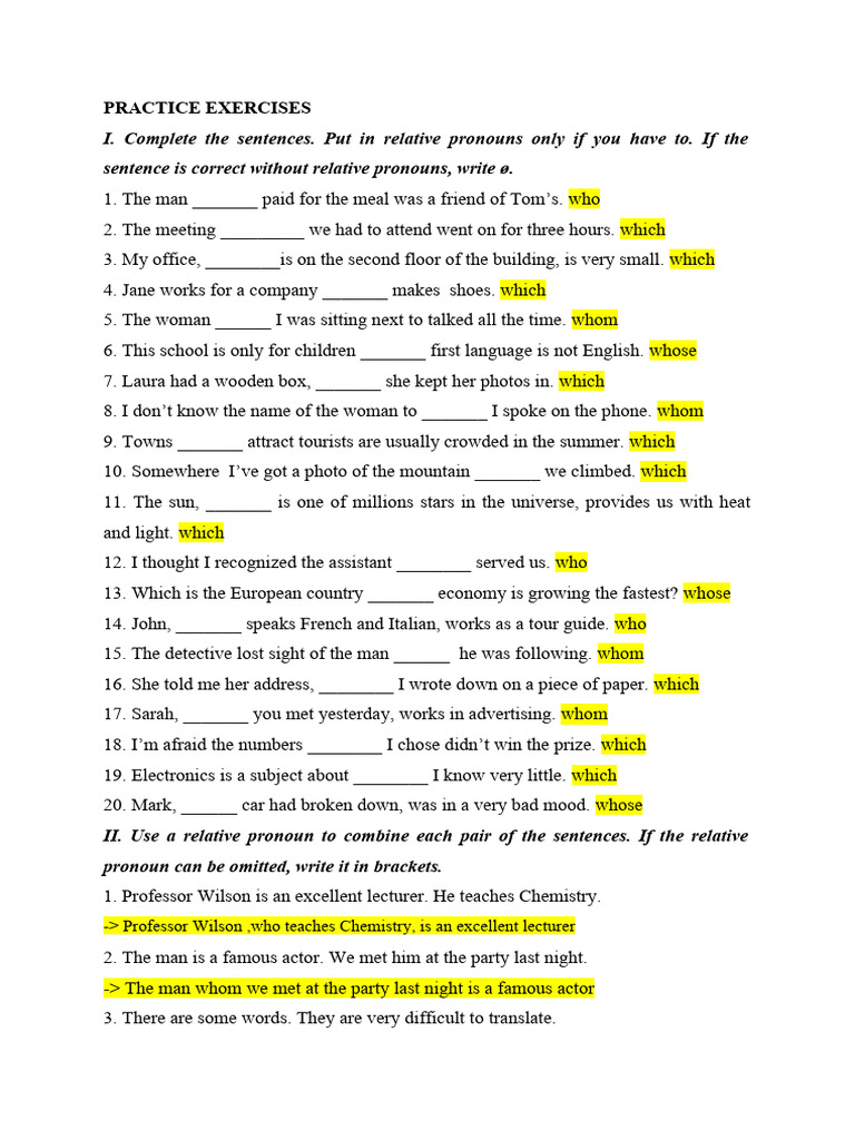 PRACTICE EXERCISES On Relative Clauses | PDF | Linguistics