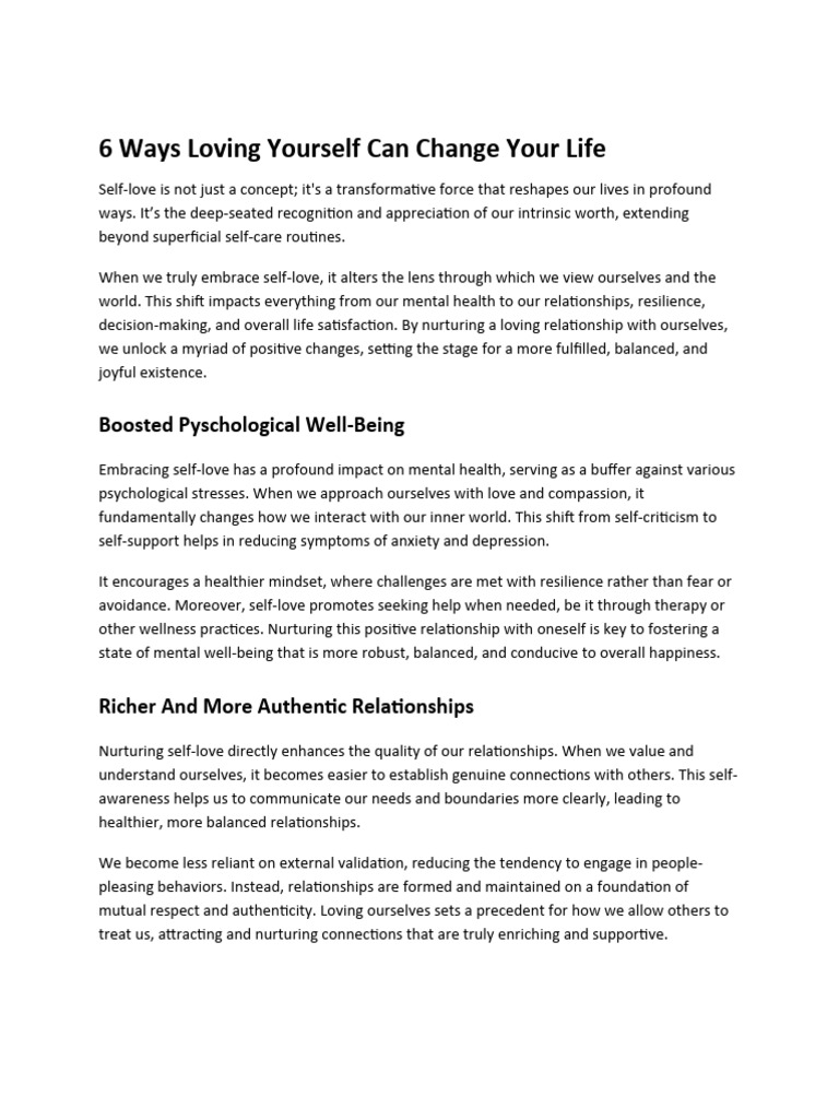 6 Ways Loving Yourself Can Change Your Life | PDF | Psychological ...