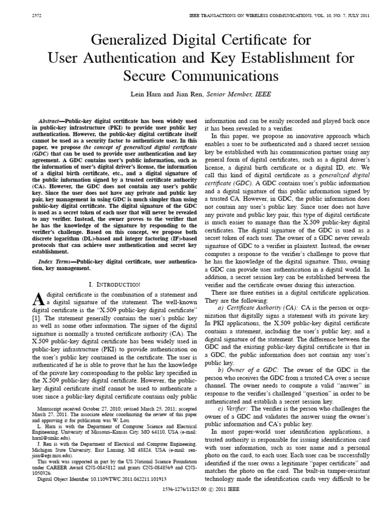 Generalized Digital Certificate For User Authentication and Key Establishment For Secure ...