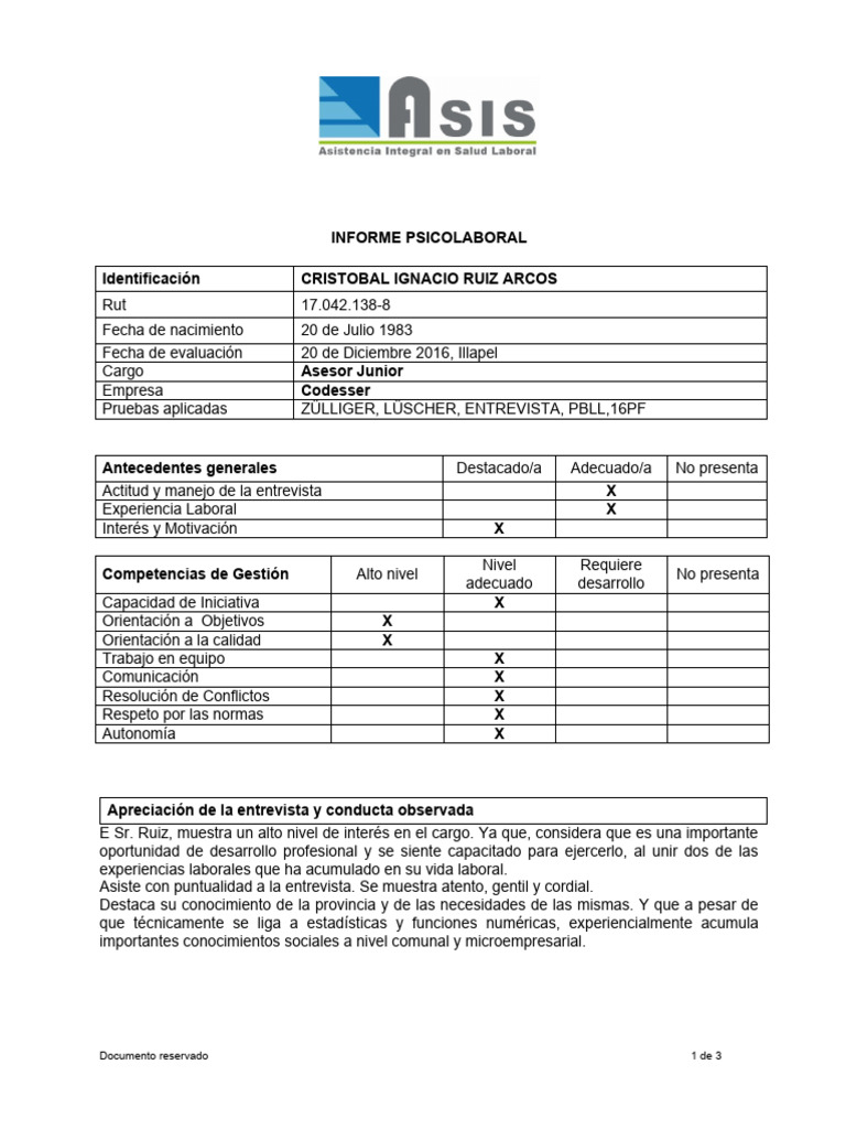 Informe Psicolaboral de Cristóbal Ruiz | PDF | Las emociones | Cognición